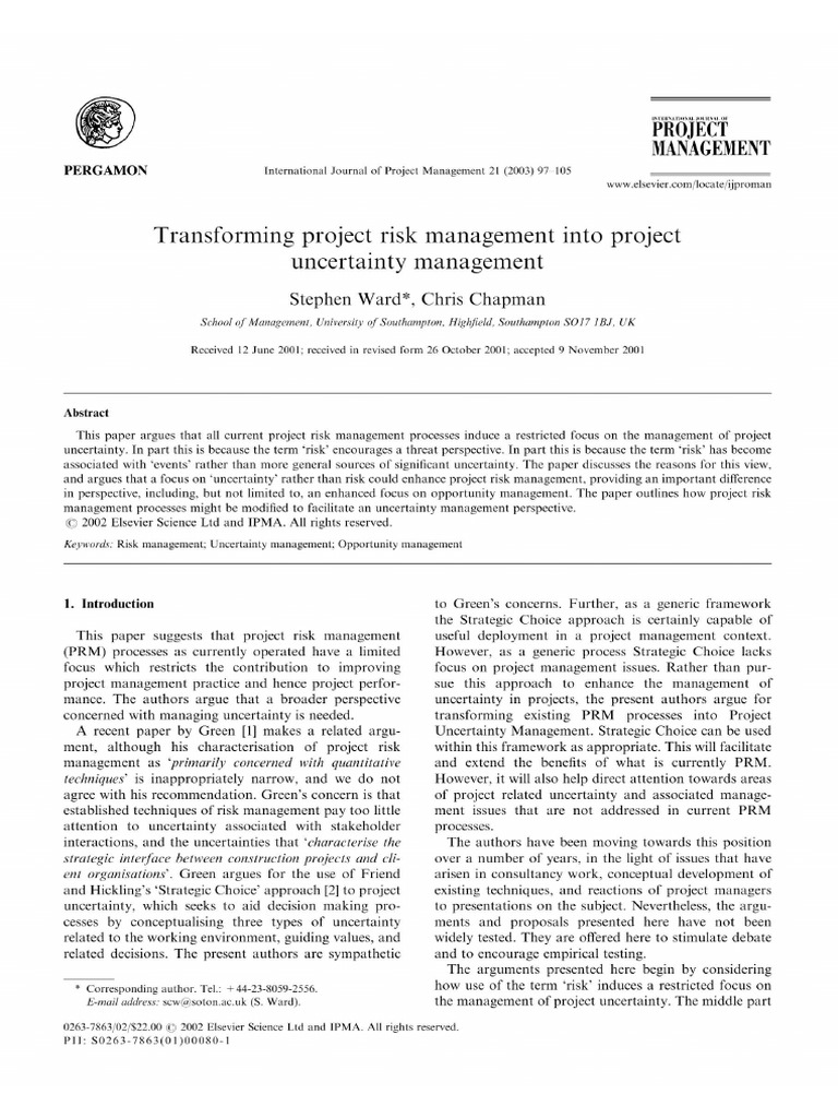Transforming Project Risk Management Into Project Uncertainty ...