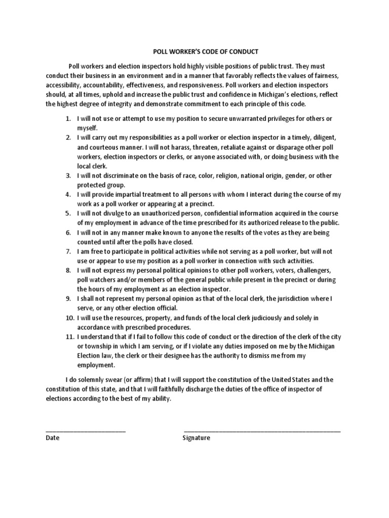 Poll Worker Code of Conduct | PDF | Civil Rights And Liberties | Justice