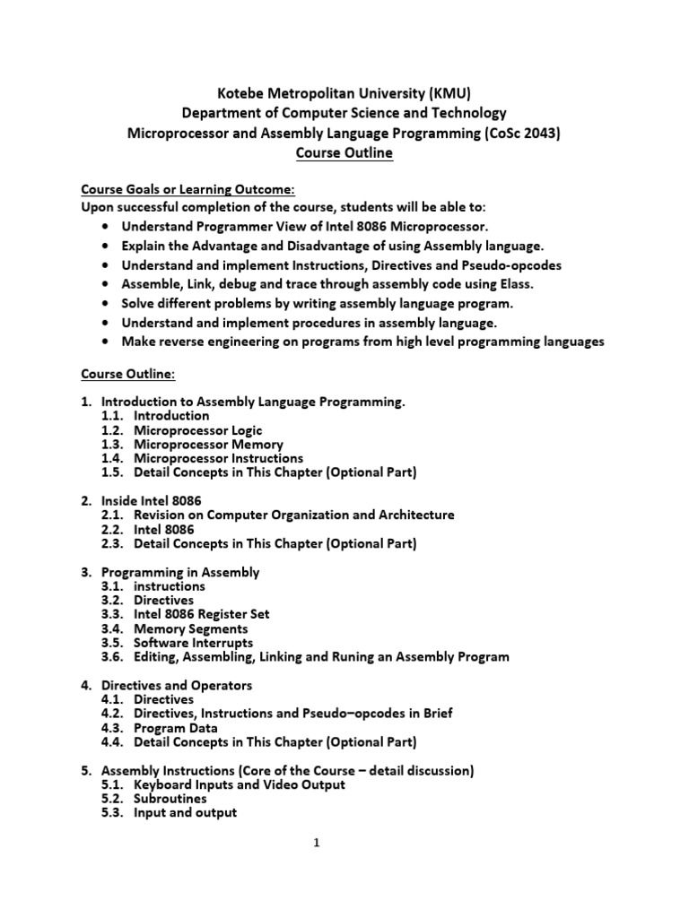 Assembly Language Programming Course Outline | PDF | Assembly Language ...