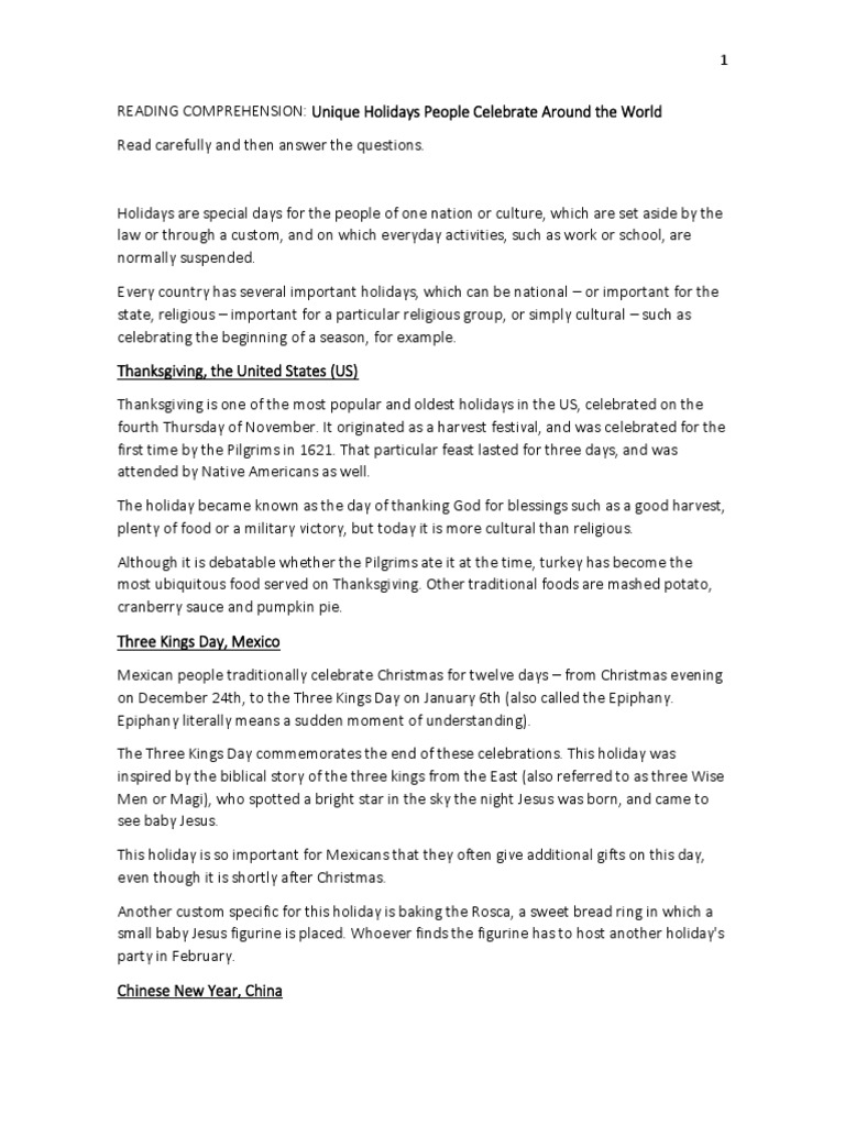 Reading Comprehension Unique Holidays People Celebrate Around The World ...