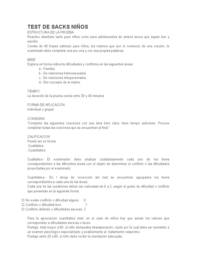Test de Sacks para Evaluación Infantil | PDF | Sicología