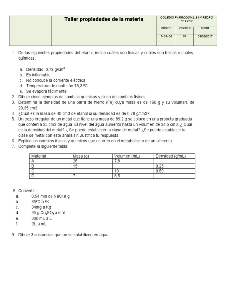 Taller Propiedades de La Materia | PDF