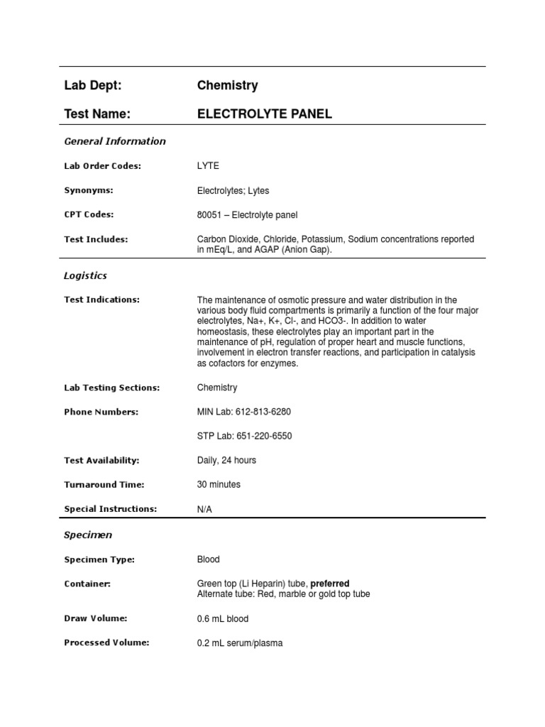 Lab Dept: Chemistry Test Name: Electrolyte Panel: General Information ...