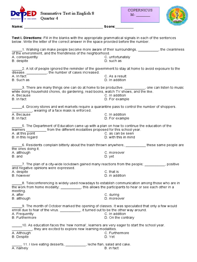 Summative Test in English 8 | PDF