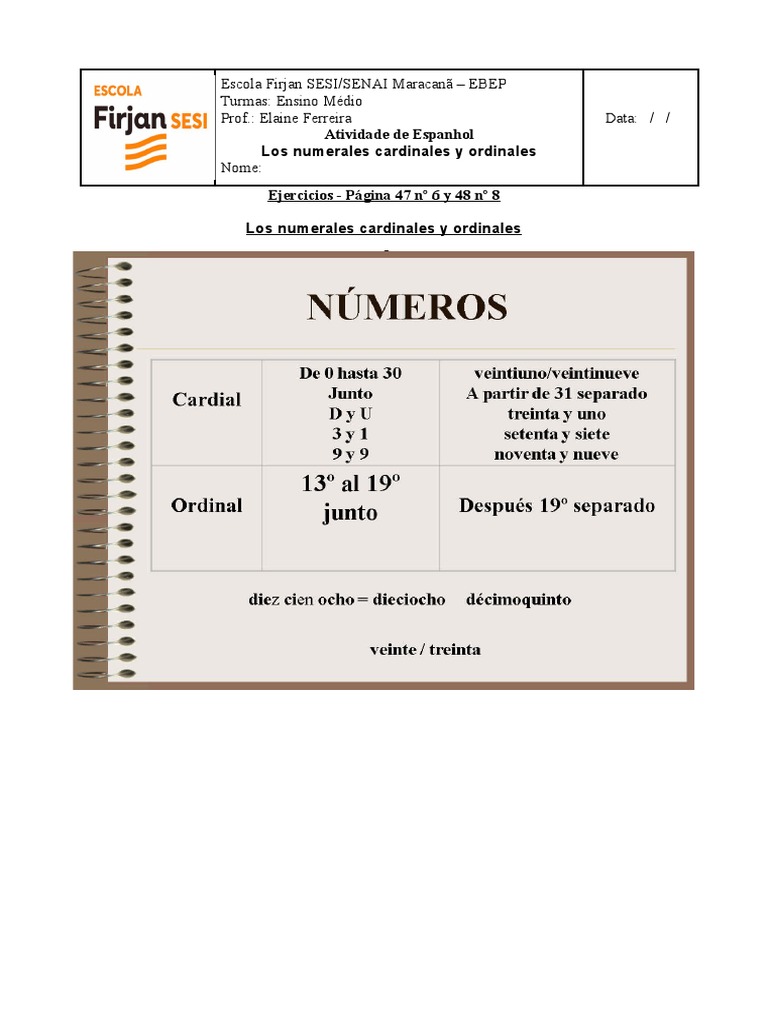 Atividade de Espanhol Los Numerales Cardinale | PDF