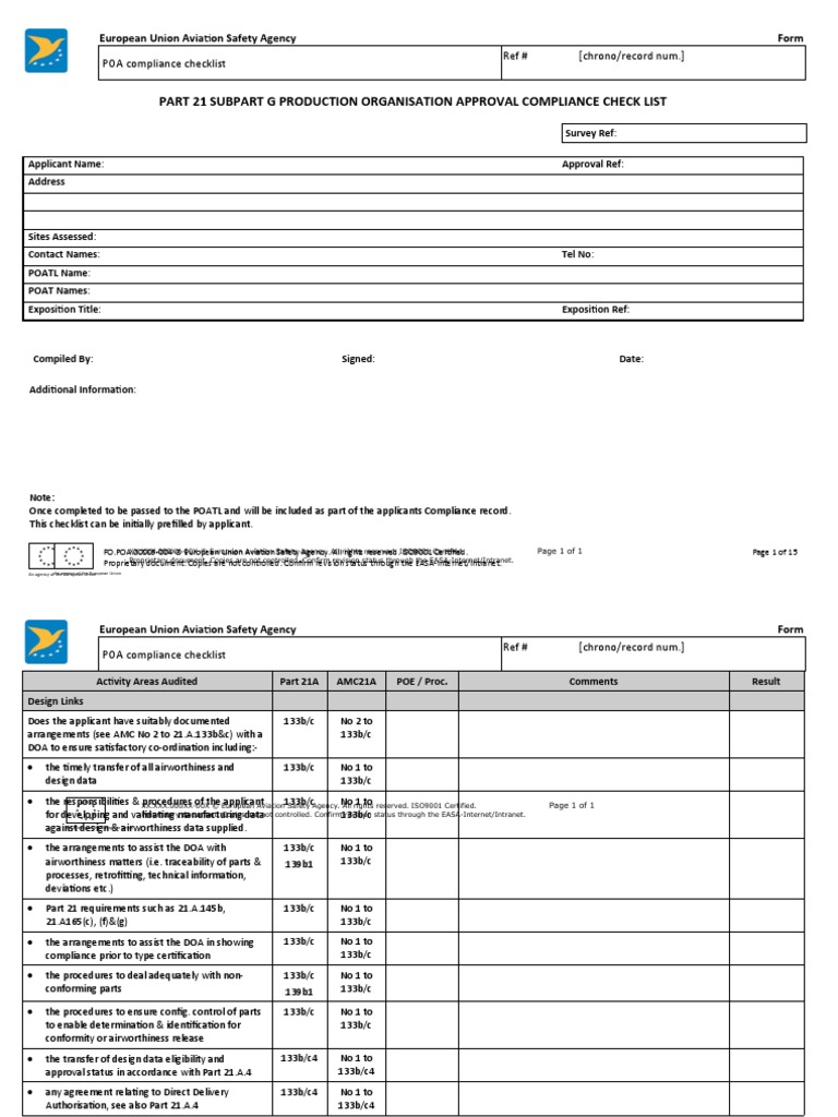 Part 21 Subpart G Production Organisation Approval Compliance Check ...