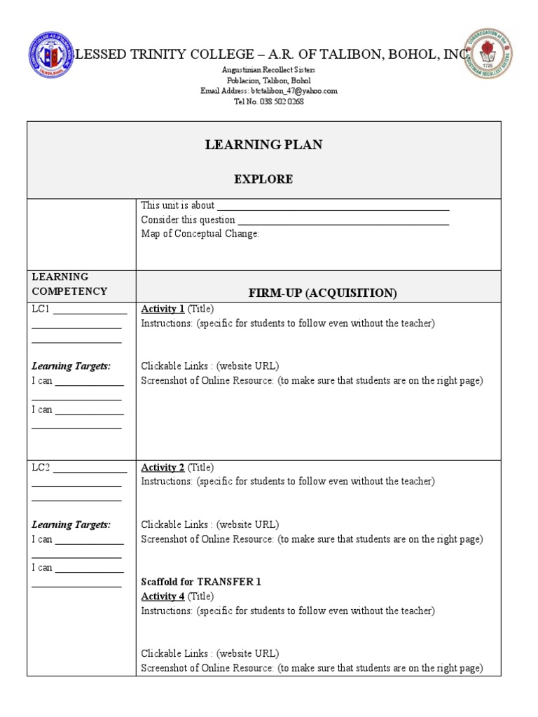 Blessed Trinity College Learning Plan | PDF | Rubric (Academic) | Learning