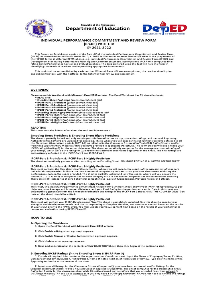 IPCRF Excel Guide for Teachers | PDF | Learning | Lesson Plan