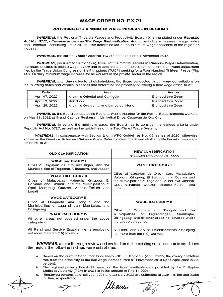 Wage Order No. Rx-21: Providing For A Minimum Wage Increase in Region X ...