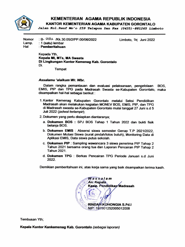 Surat Pemberitahuan Monev | PDF