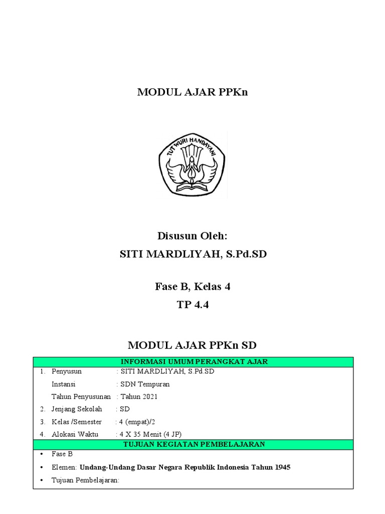 Contoh Modul Ajar PKN Kelas 4 Kurikulum Merdeka | PDF