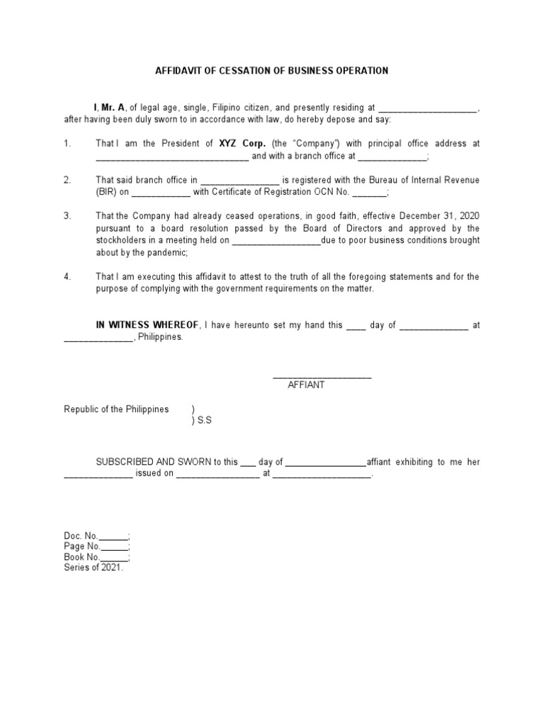 Affidavit for Business Cessation | PDF