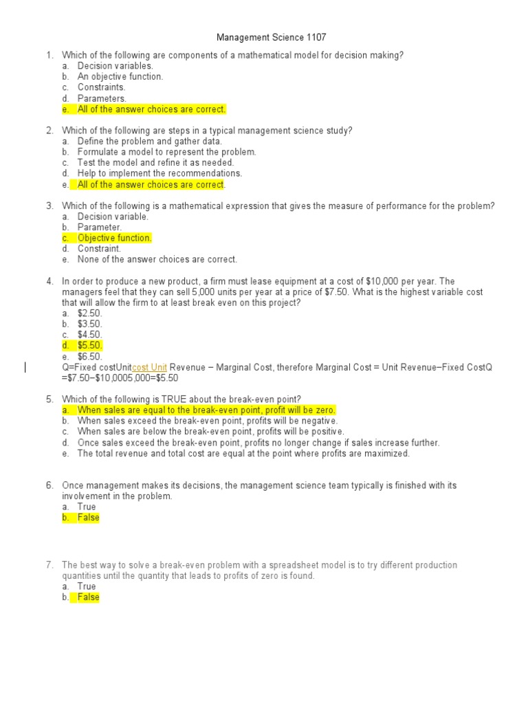 Management Science 1107 - Midterms Answers | PDF | Applied Mathematics | Mathematics