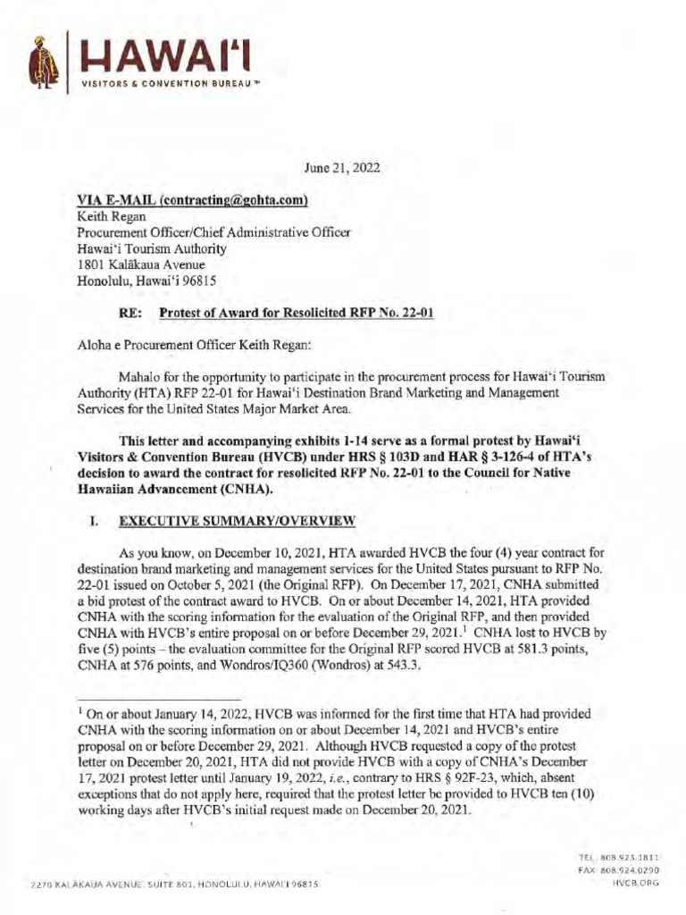 HVCB Protest Letter and Exhibits | PDF | Hawaii | Request For Proposal