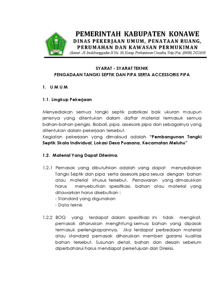 Spesifikasi Teknis Tangki Septik Individual Puasana | PDF | Griya & Taman