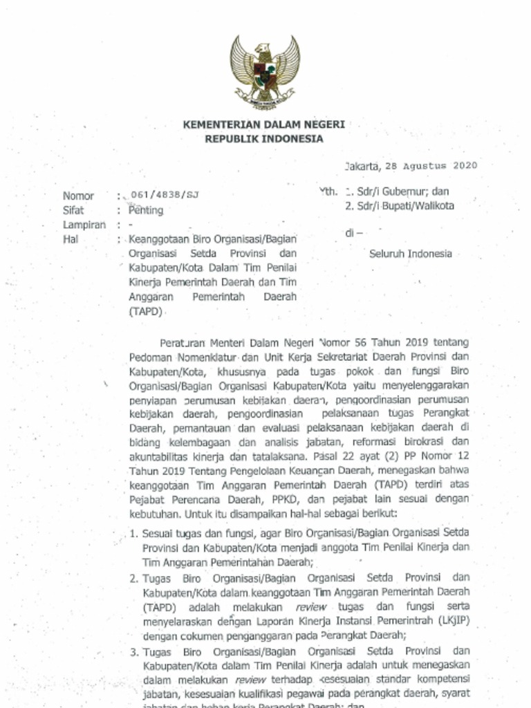 Surat Mendagri - Bag. Organisasi (Tim Penilai Kinerja & TAPD) | PDF