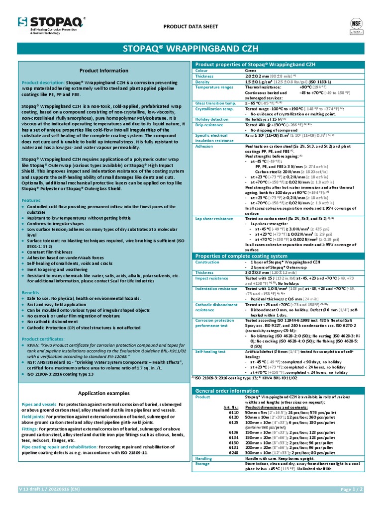 PDS Stopaq Wrappingband CZH V13 (EN) | PDF | Corrosion | Pipe (Fluid ...