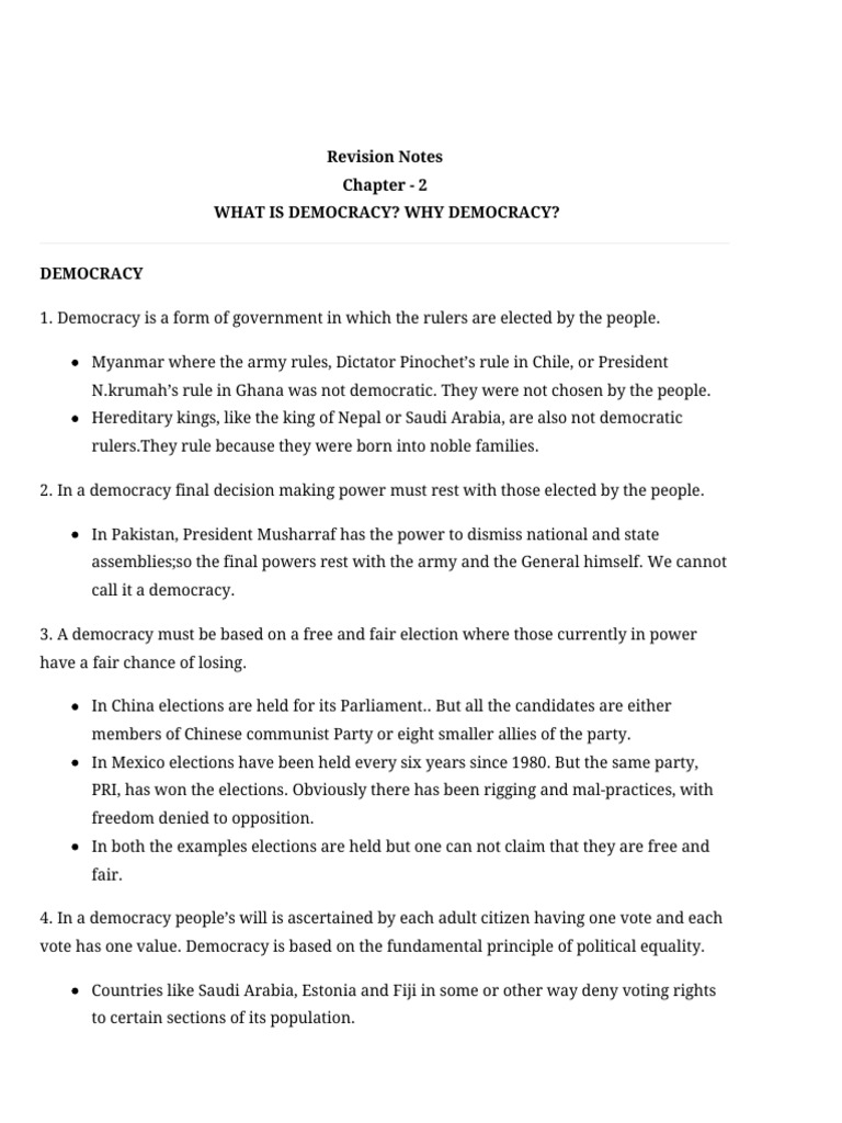 Revision Notes Chapter - 2 What Is Democracy? Why Democracy? | PDF ...