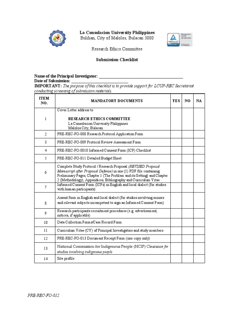 PRE REC FO 012 Submission Checklist | PDF | Language Arts & Discipline ...