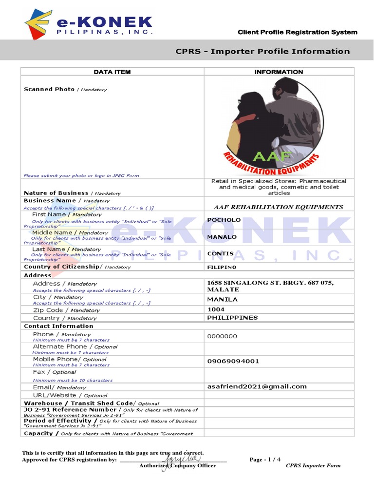 Sample CPRS Application | PDF | Fax | Sole Proprietorship