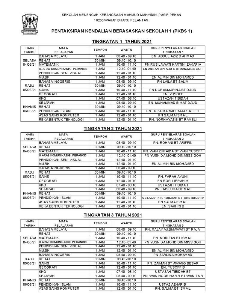 Jadual PKBS1 2021 | PDF