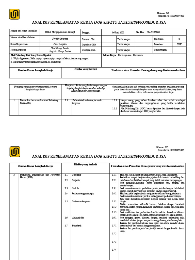 JSA Mengoperasikan Forklift | PDF
