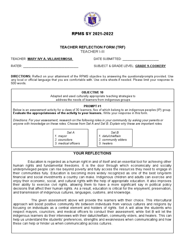 RPMS SY 2021-2022: Teacher Reflection Form (TRF) | PDF | Cross Cultural ...