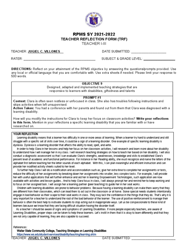 RPMS SY 2021-2022: Teacher Reflection Form (TRF) | PDF | Learning ...