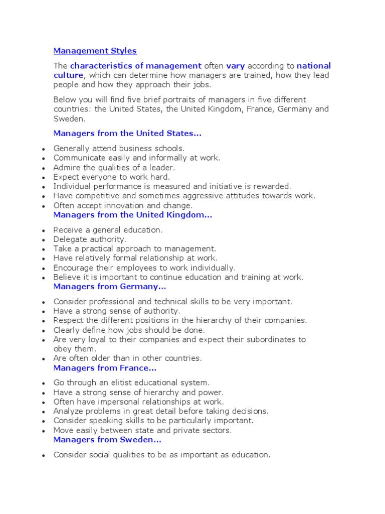 Global Management Styles Overview | PDF | Leadership | Psychology