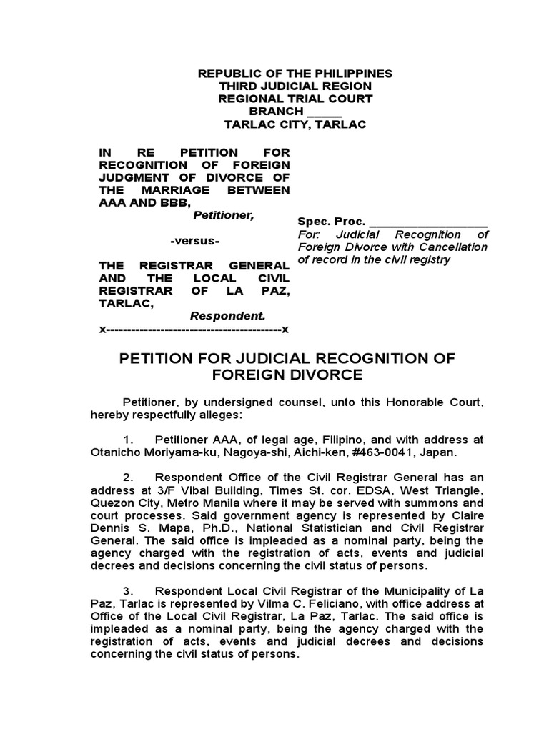 Petition for Recognition of Foreign Divorce | PDF | Divorce | Marriage