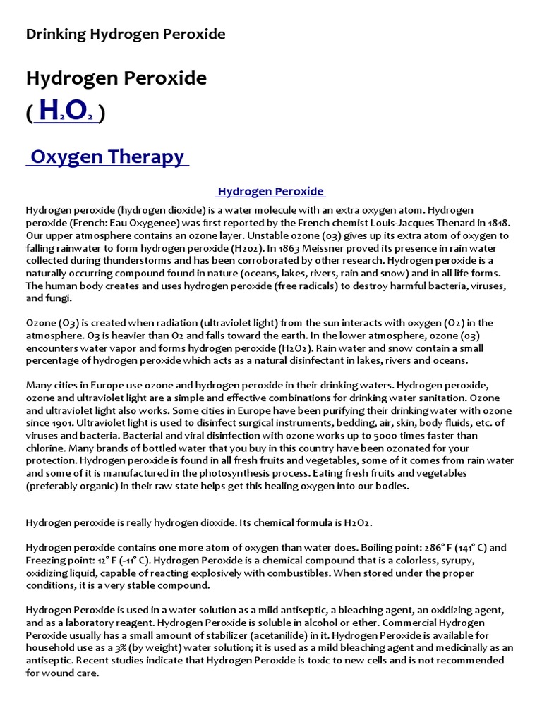 Hydrogen Peroxide : Oxygen Therapy | PDF | Hydrogen Peroxide | Cellular ...