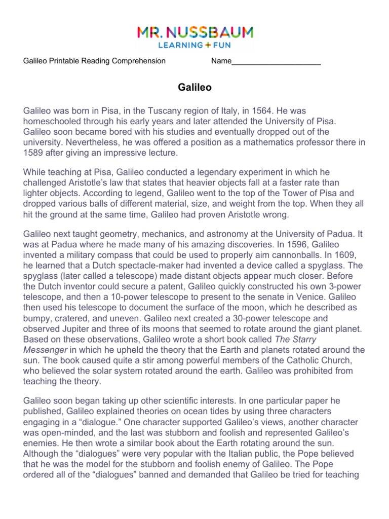 Galileo Reading Comprehension | PDF | Galileo Galilei | Telescope