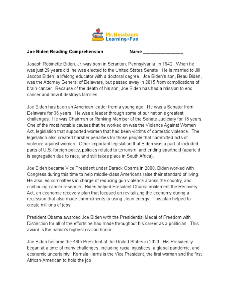 Joe Biden Reading Comprehension | PDF | Joe Biden | Vice President Of ...