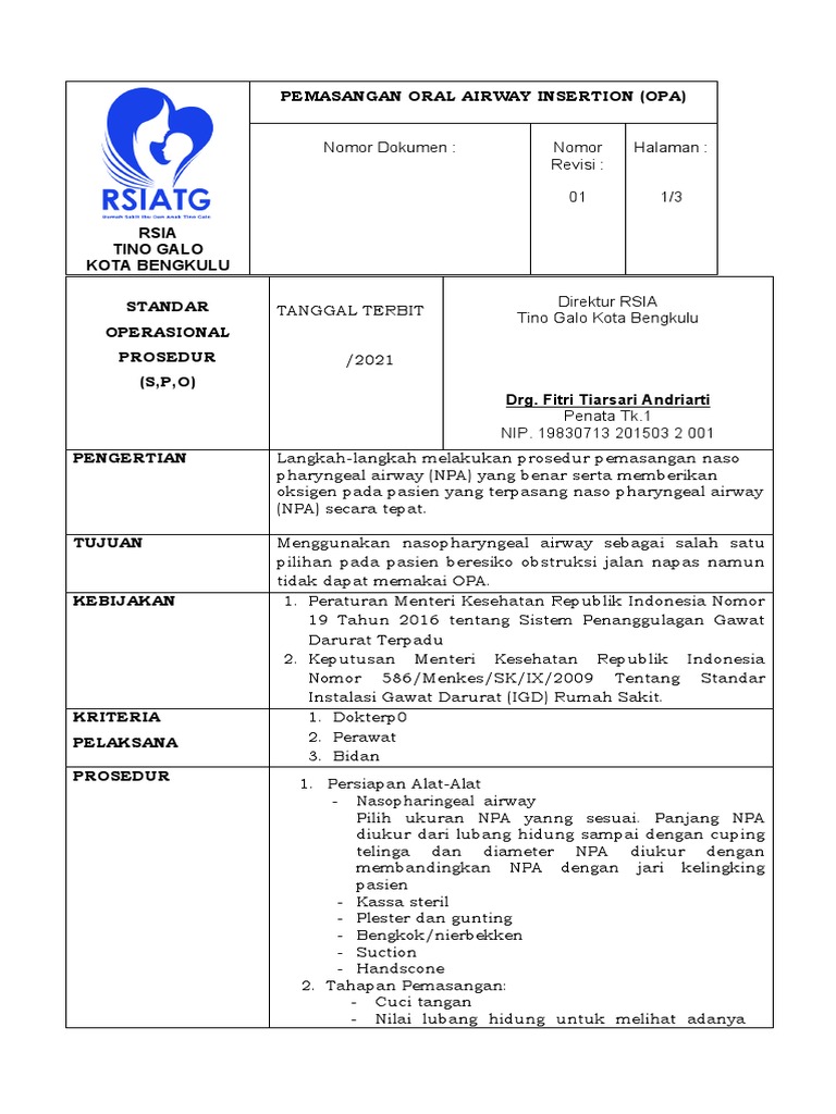 SOP Pemasangan Nasopharingeal Tube (NPA) | PDF