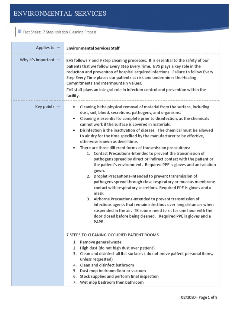 EVS Cleaning Protocols for Patient Safety | PDF | Shower | Sink
