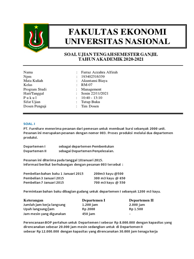 UTS Akt Biaya r.7 (Farraz Azzahra Alfirah) | PDF