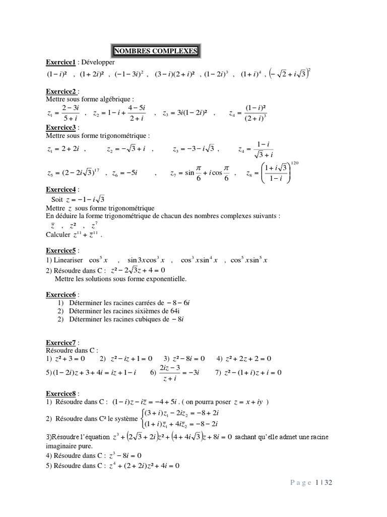 Exercices sur les Nombres Complexes | PDF | Nombre complexe | Fonction (Mathématiques)
