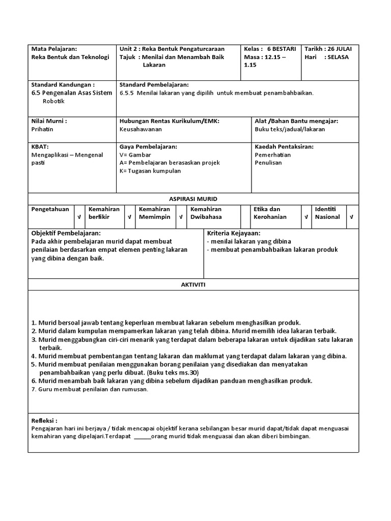 RPH RBT Tahun 6 Bestari 26 Julai | PDF