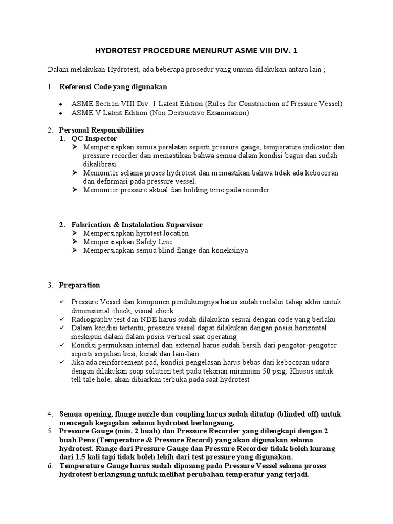 Hydrotest Procedure Menurut Asme Viii Div | PDF