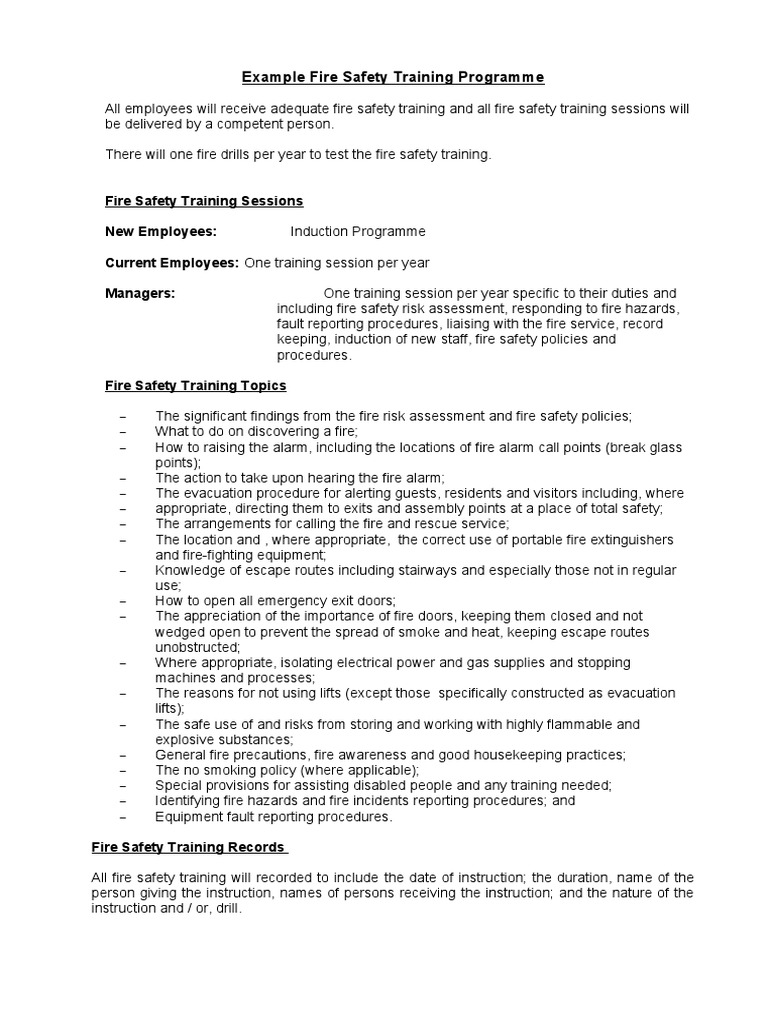 Example Fire Safety Training Programme | PDF | Fire Safety | Public Safety