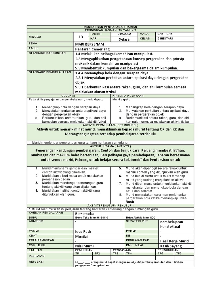 RPH PJ Tahun 2 Bestari 21 Jun | PDF