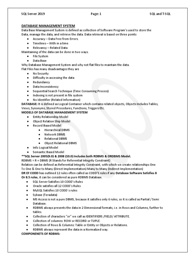 Database Management System Sql Server 2019 Sql And T Sql Pdf Relational Database