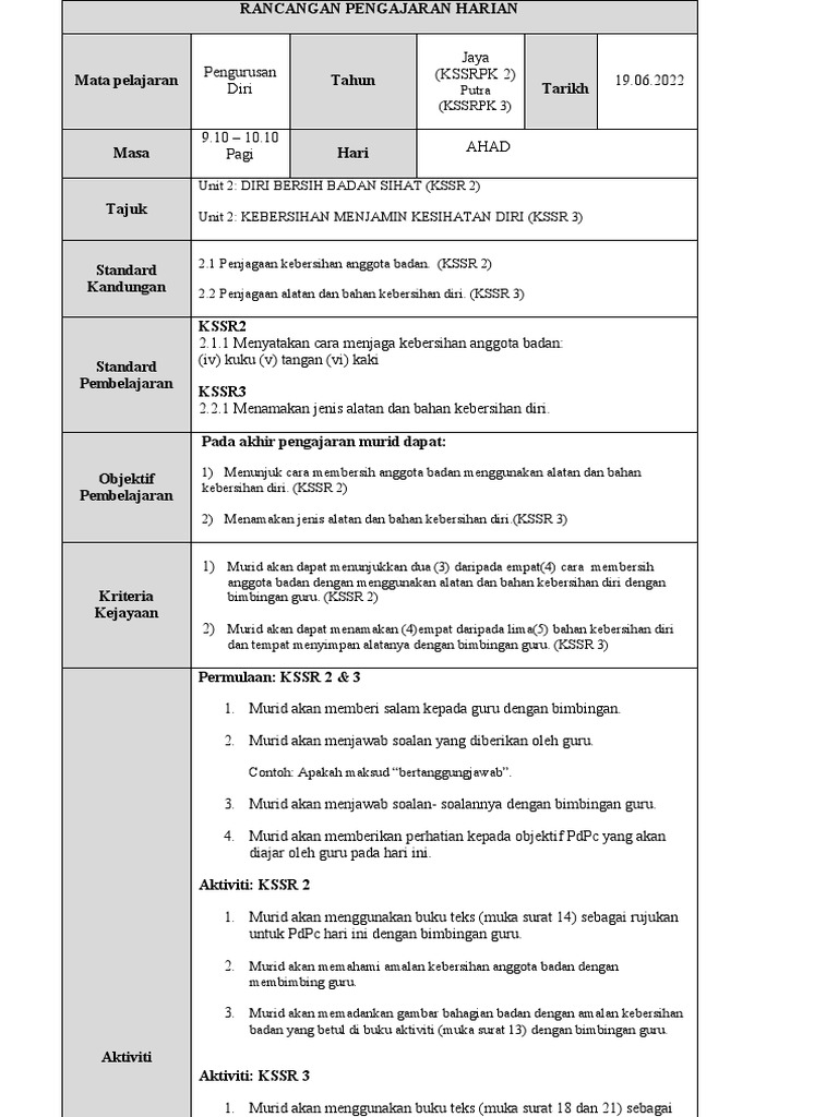 Pengurusan Diri Lesson Plan KSSR 2&3 (19 JUNE 2022) | PDF