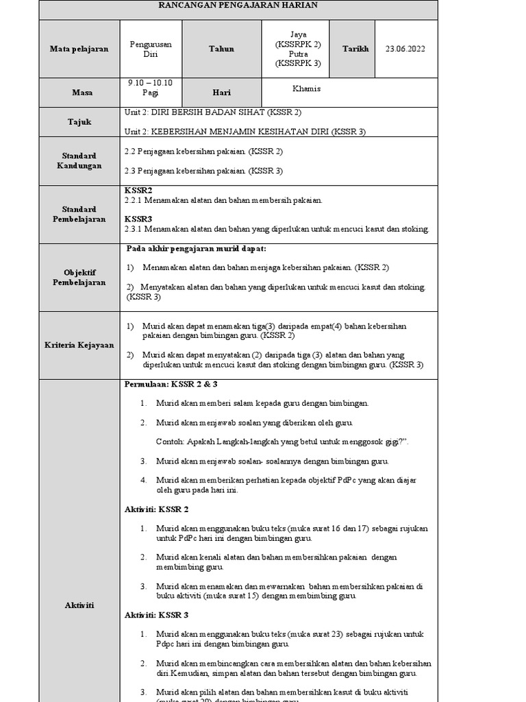 Pengurusan Diri Lesson Plan KSSR 2&3 (23 JUNE 2022) | PDF