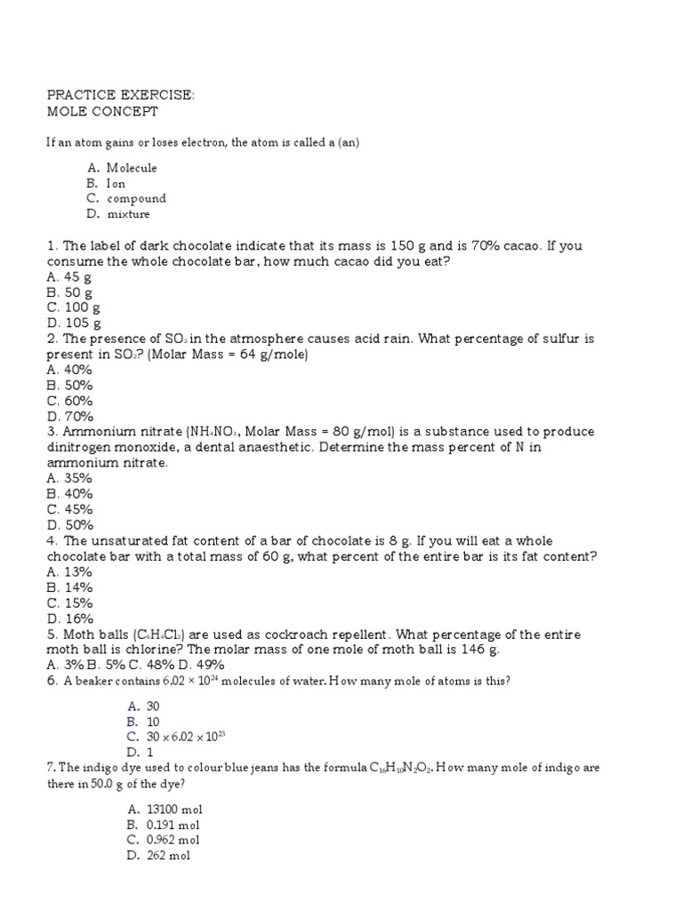 Mole Concept Practice Test | PDF | Mole (Unit) | Proton