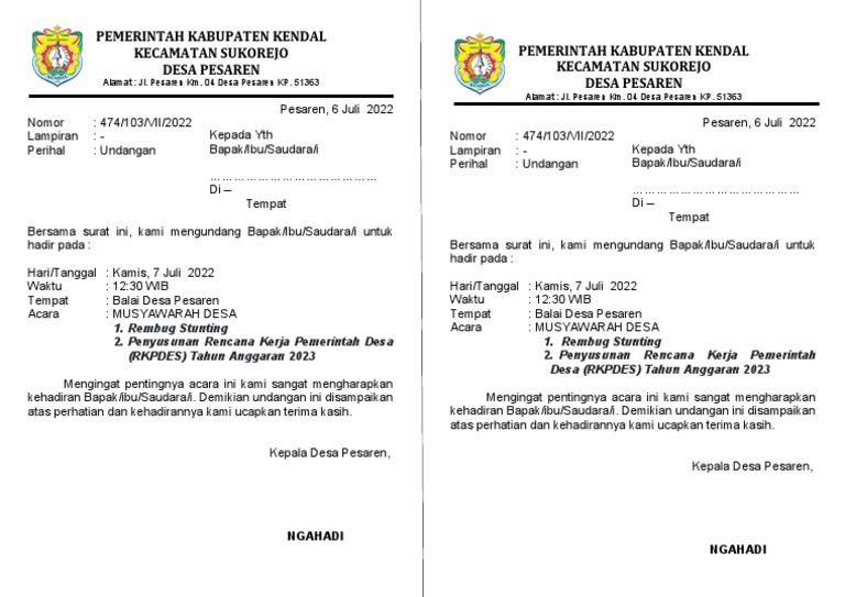 Undangan Musyawarah Desa Pesaren | PDF