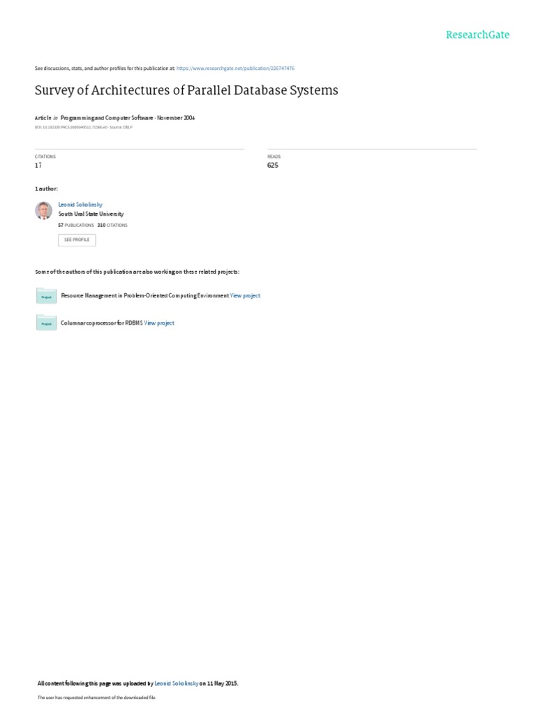 Survey of Architectures of Parallel Database Systems: Programming and ...