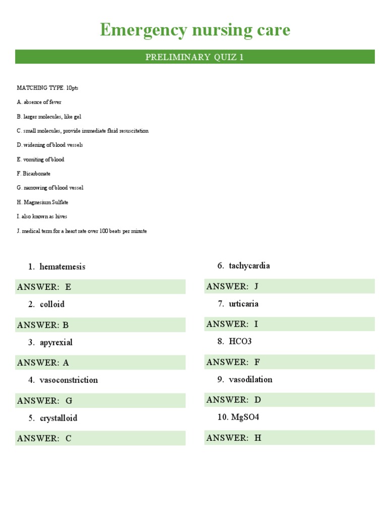 Emergency Nursing Care: Preliminary Quiz 1 | PDF | Heart | Atrium (Heart)
