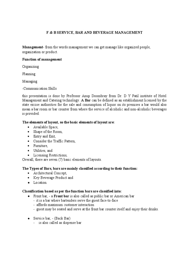 F & B Service, Bar and Beverage Management Study | PDF | Bar ...
