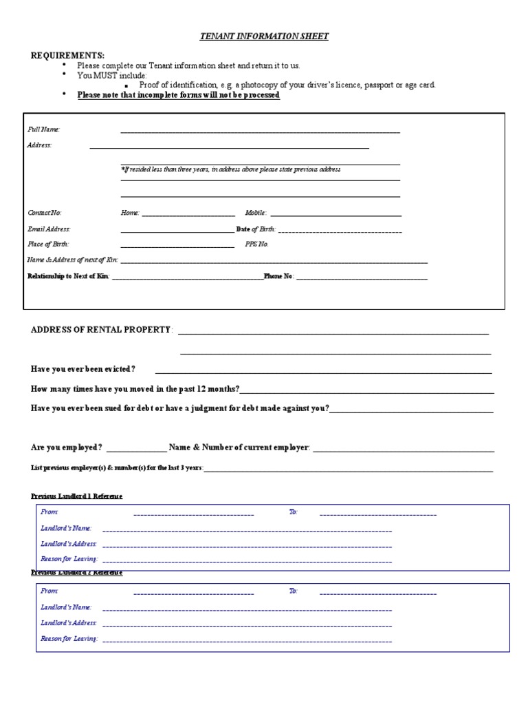Tenant Information Sheet Form | PDF | Landlord | Leasehold Estate